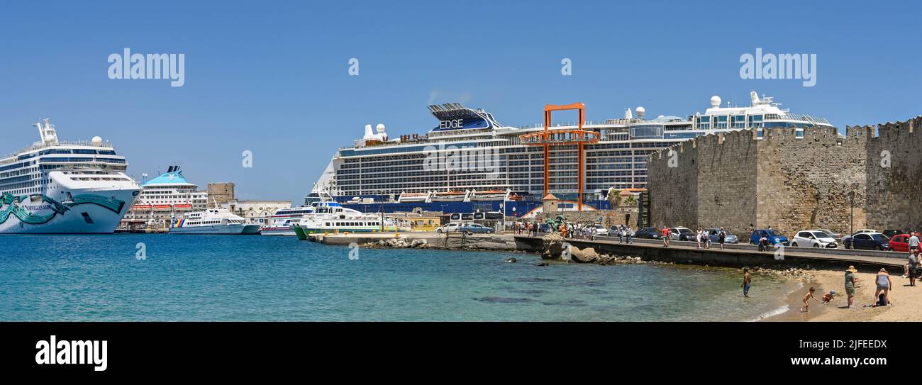 Rhodes, Greece - May 2022: Panoramic view of the port with cruise ships ...