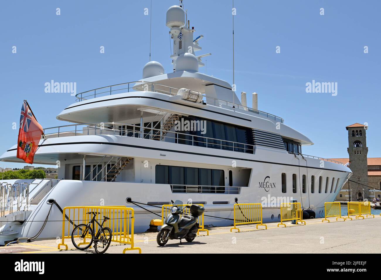 Rhodes, Greece - May 2022: Luxury motor yacht Megan. It is owned by ...