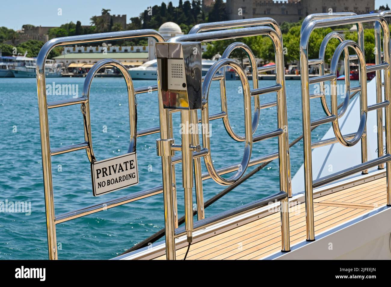 Rhodes, Greece - May 2022: Private No Boarding sign on the gangway of a ...
