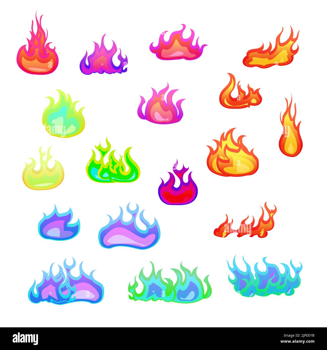 Large set of bright magickal fire flame, hot magic flaming elements ...