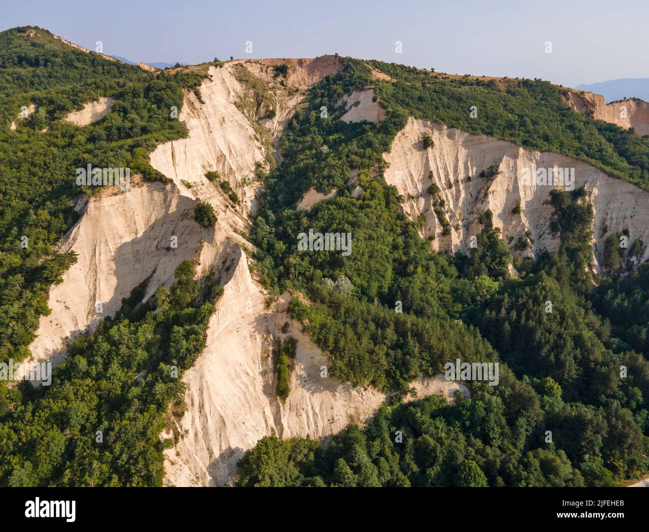 Aerial sunset view of Rozhen sand pyramids, Blagoevgrad region ...