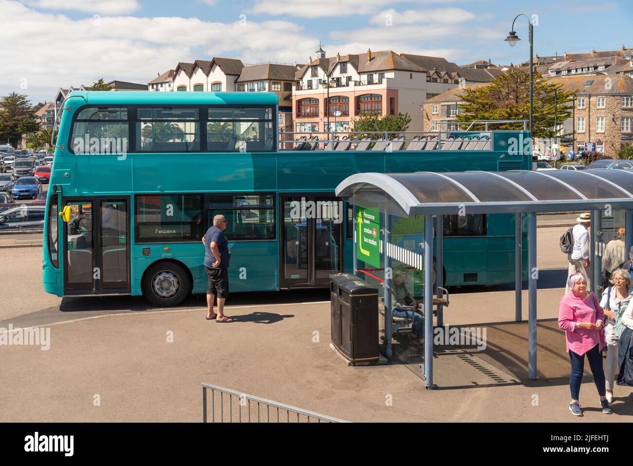 Penzance, Cornwall, England, UK. 2022.Penzance bus station . Open top ...