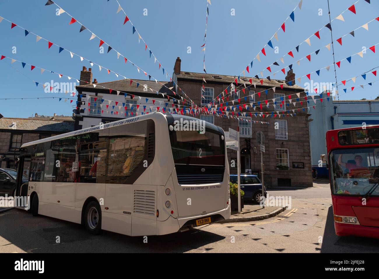 St Ives, Cornwall, England, UK. 2022. Public buses on Gabriel Street in ...