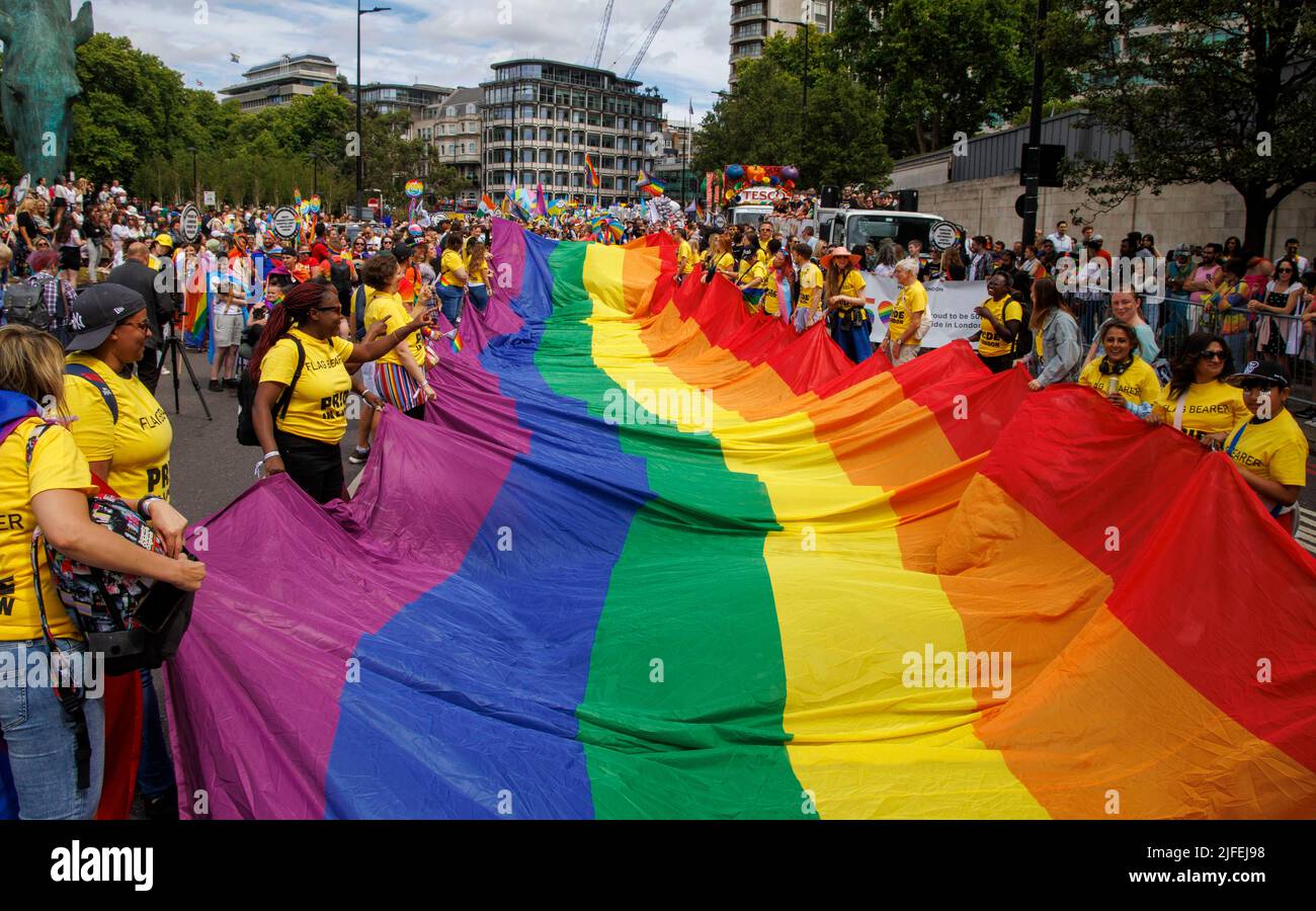 London, UK. 2nd July, 2022. Large rainbow flag on Park Lane. 50th ...
