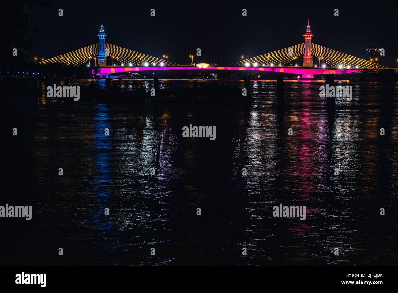 Suspension Bridge across river Lighting Colorful and Bewitching Effects ...