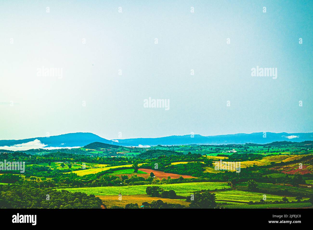 Foggy summer morning in the mountains. countryside landscape in morning ...