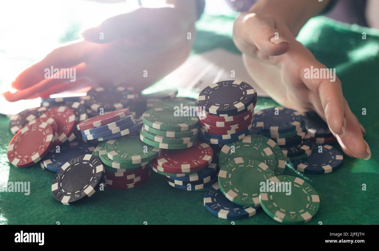 woman hands holding playing cards with poker straight combination Stock ...
