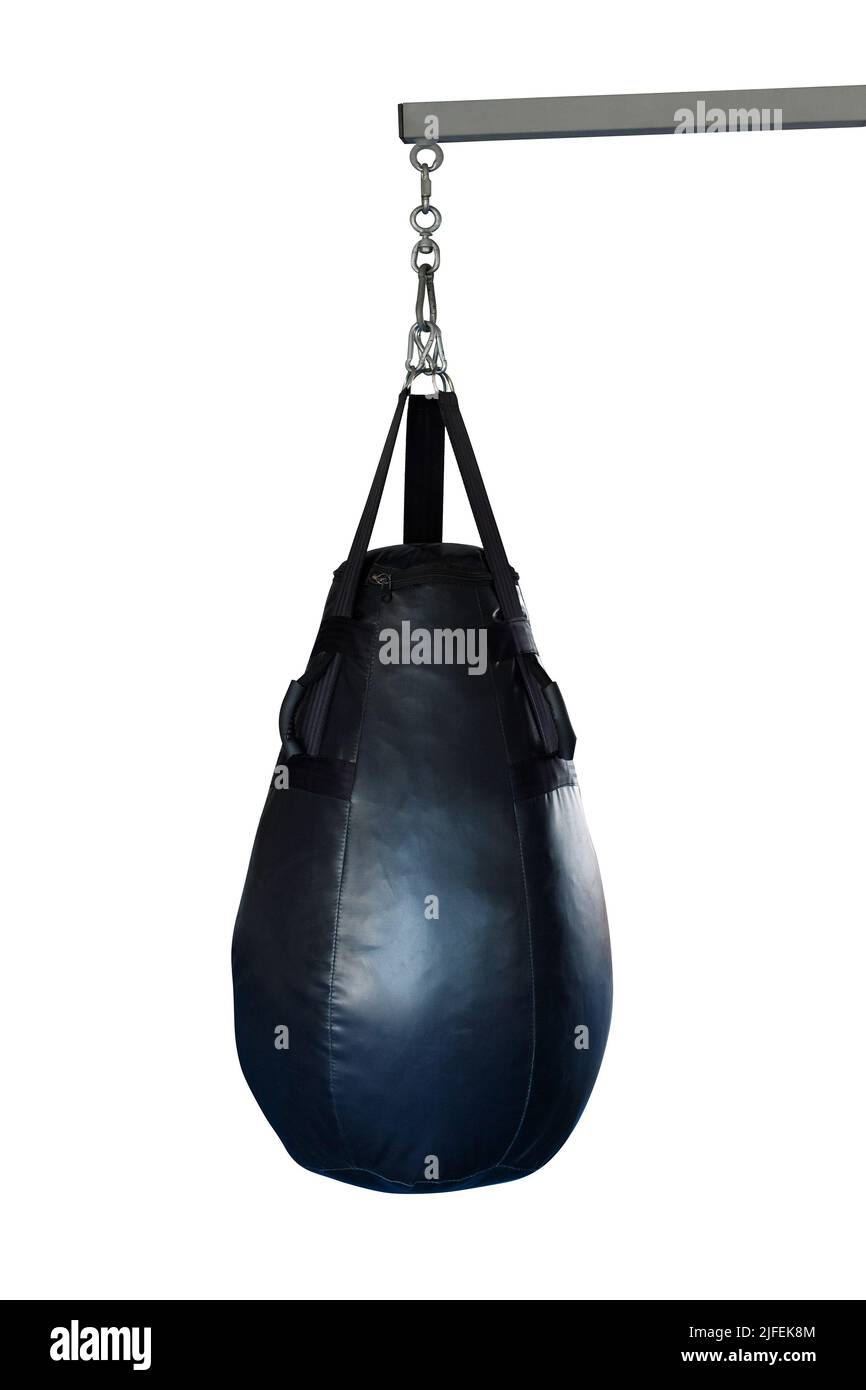 boxing bag on a chain hanging on a crossbar isolated on a white ...