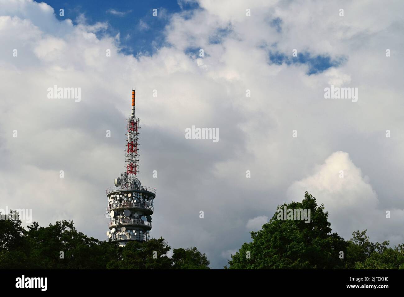 Large TV transmitter with satellite dishes and other antennas. Internet ...