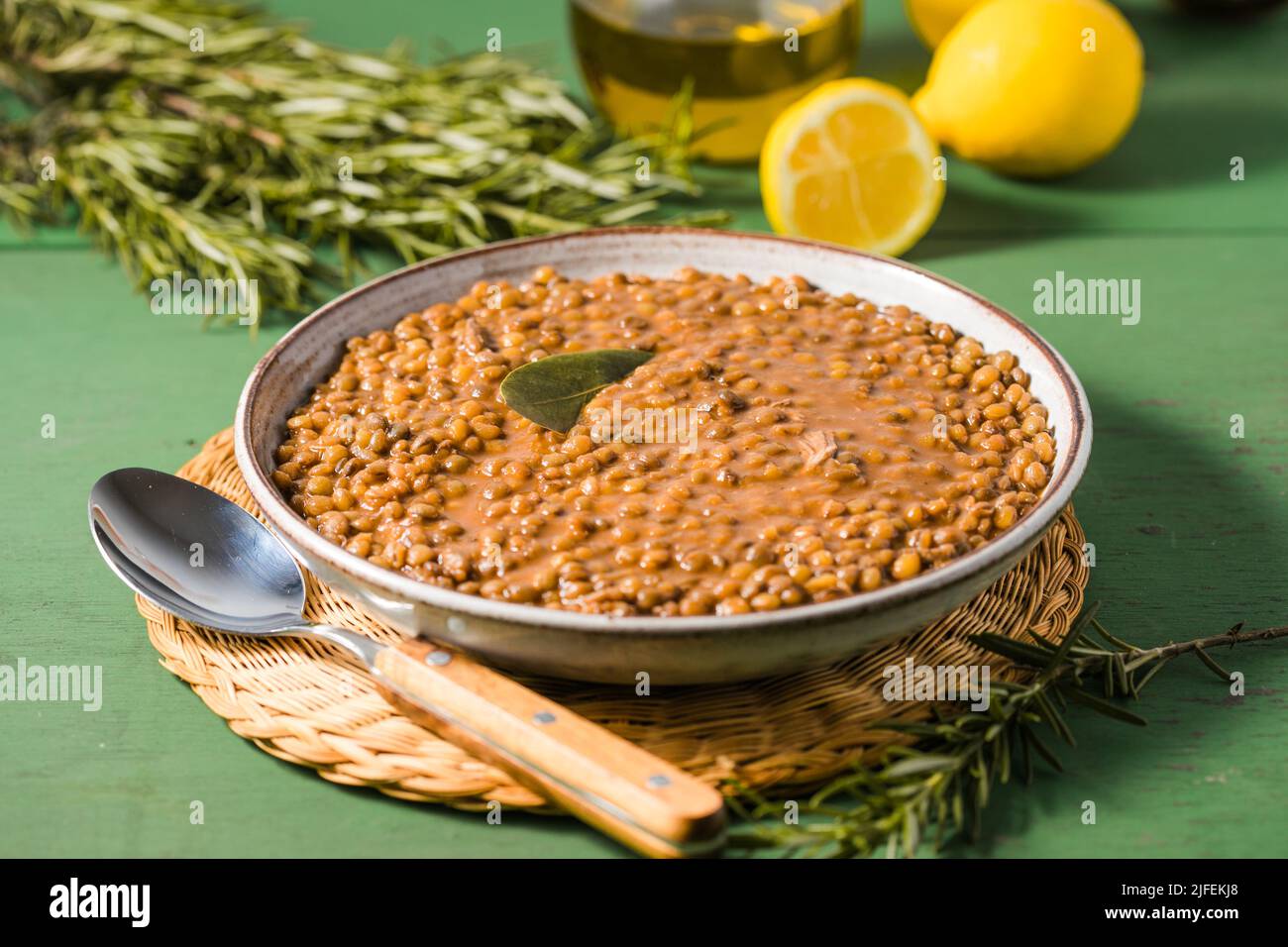 Fakes soup. Lentil soup with tomato sauce garlic and laurel leaf. Greek ...