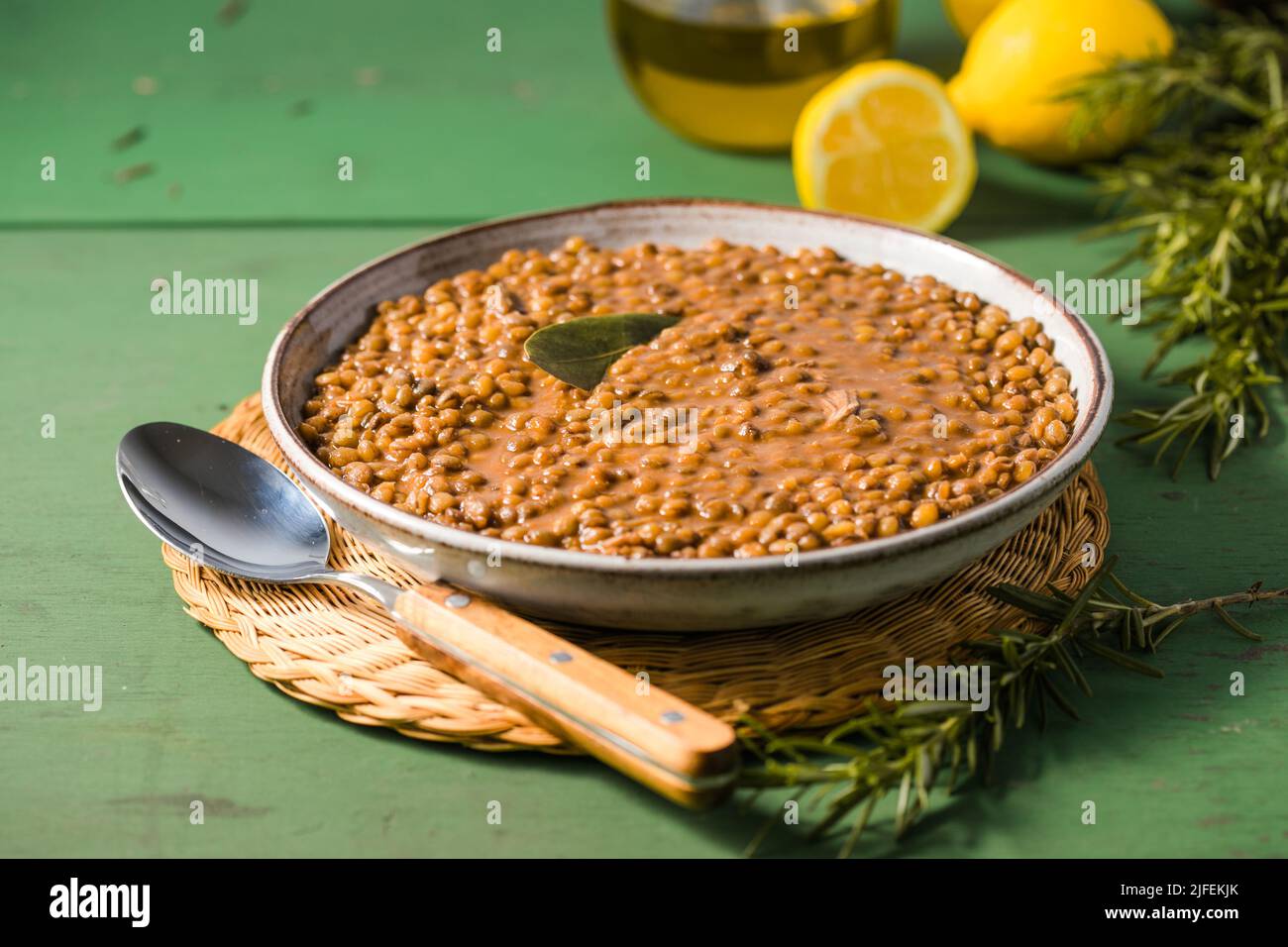 Fakes soup. Lentil soup with tomato sauce garlic and laurel leaf. Greek ...