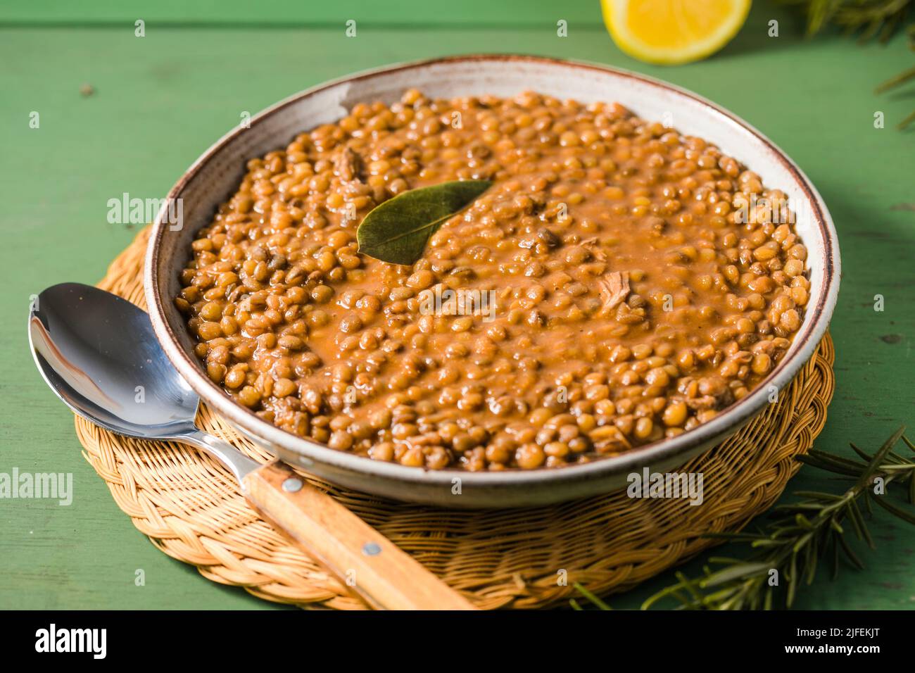 Fakes soup. Lentil soup with tomato sauce garlic and laurel leaf. Greek ...
