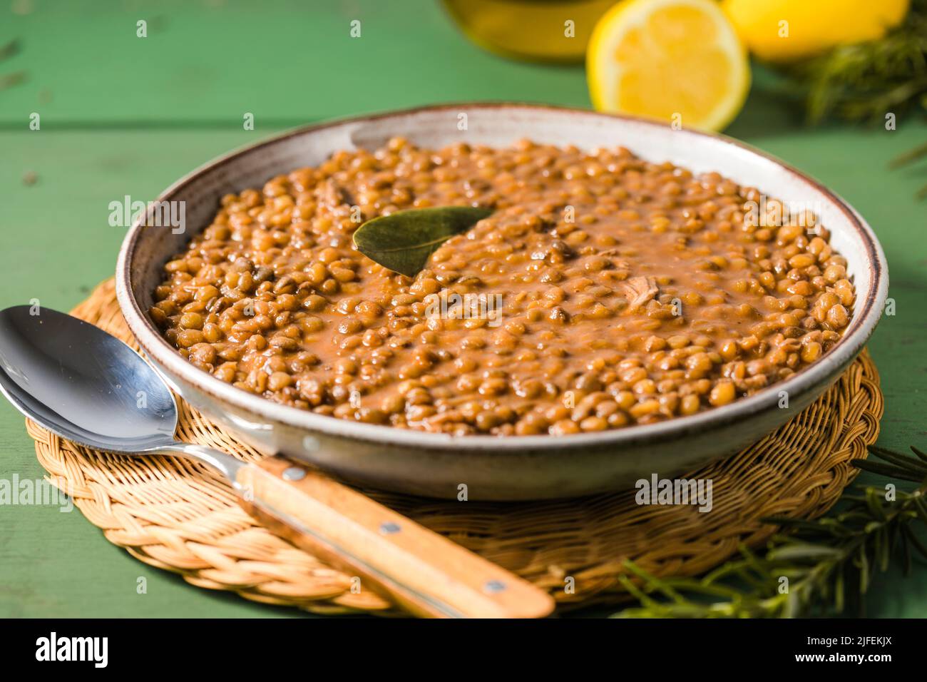 Fakes soup. Lentil soup with tomato sauce garlic and laurel leaf. Greek ...
