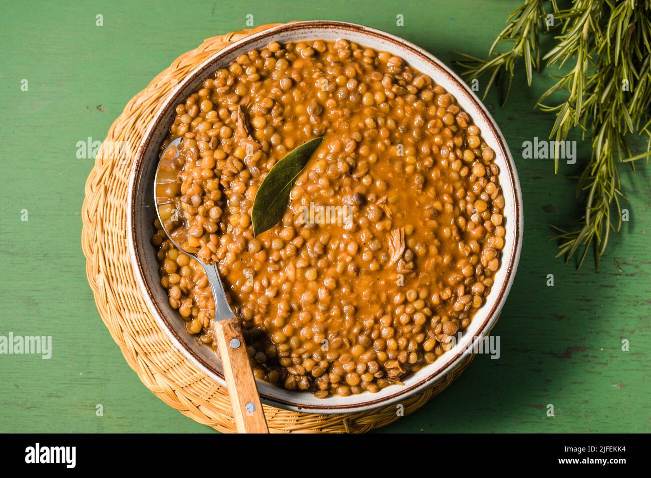 Fakes soup. Lentil soup with tomato sauce garlic and laurel leaf. Greek ...