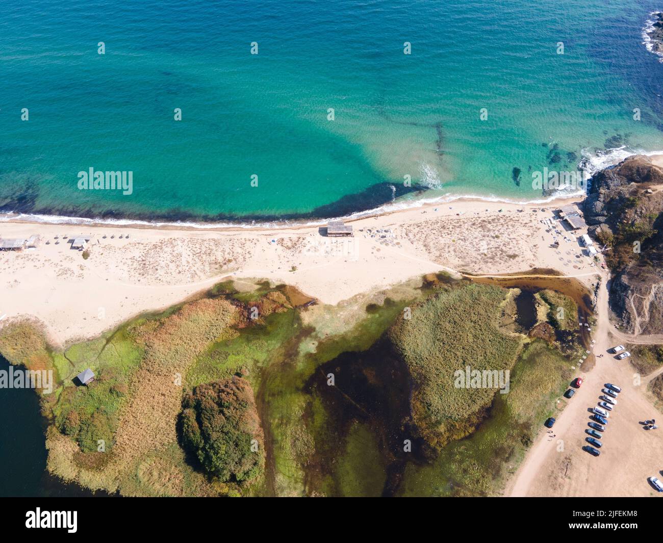 Aerial view of beach at the mouth of the Veleka River, Sinemorets ...