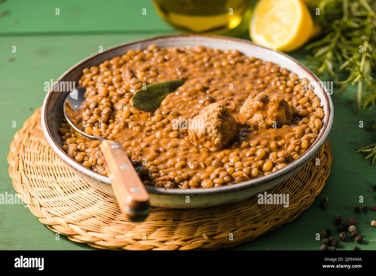 Fakes soup. Lentil soup with tomato sauce garlic and laurel leaf. Greek ...