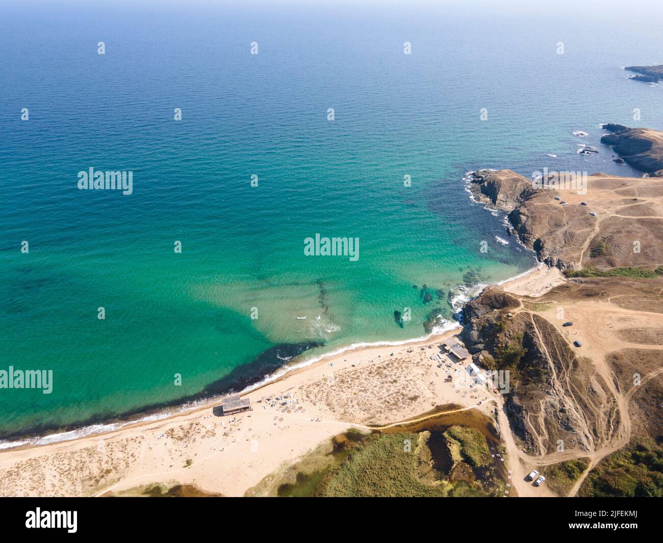 Aerial view of beach at the mouth of the Veleka River, Sinemorets ...