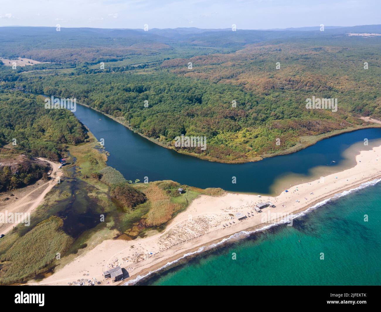 Aerial view of beach at the mouth of the Veleka River, Sinemorets ...
