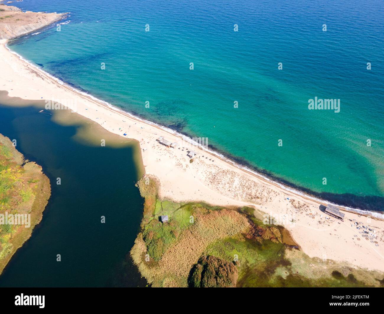 Aerial view of beach at the mouth of the Veleka River, Sinemorets ...