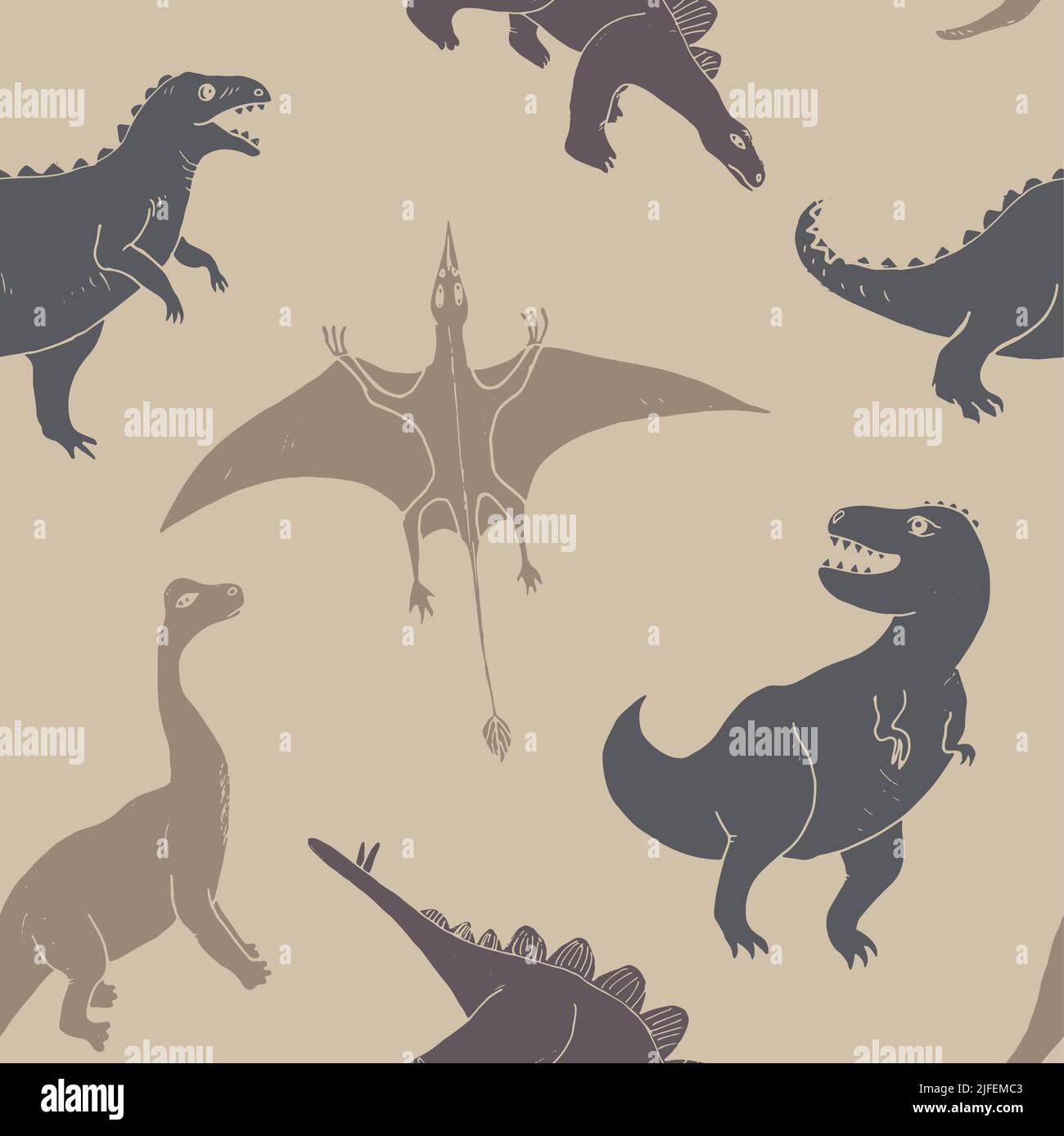 Dino Seamless Pattern, Cute Cartoon Dinosaurs Doodles Vector ...