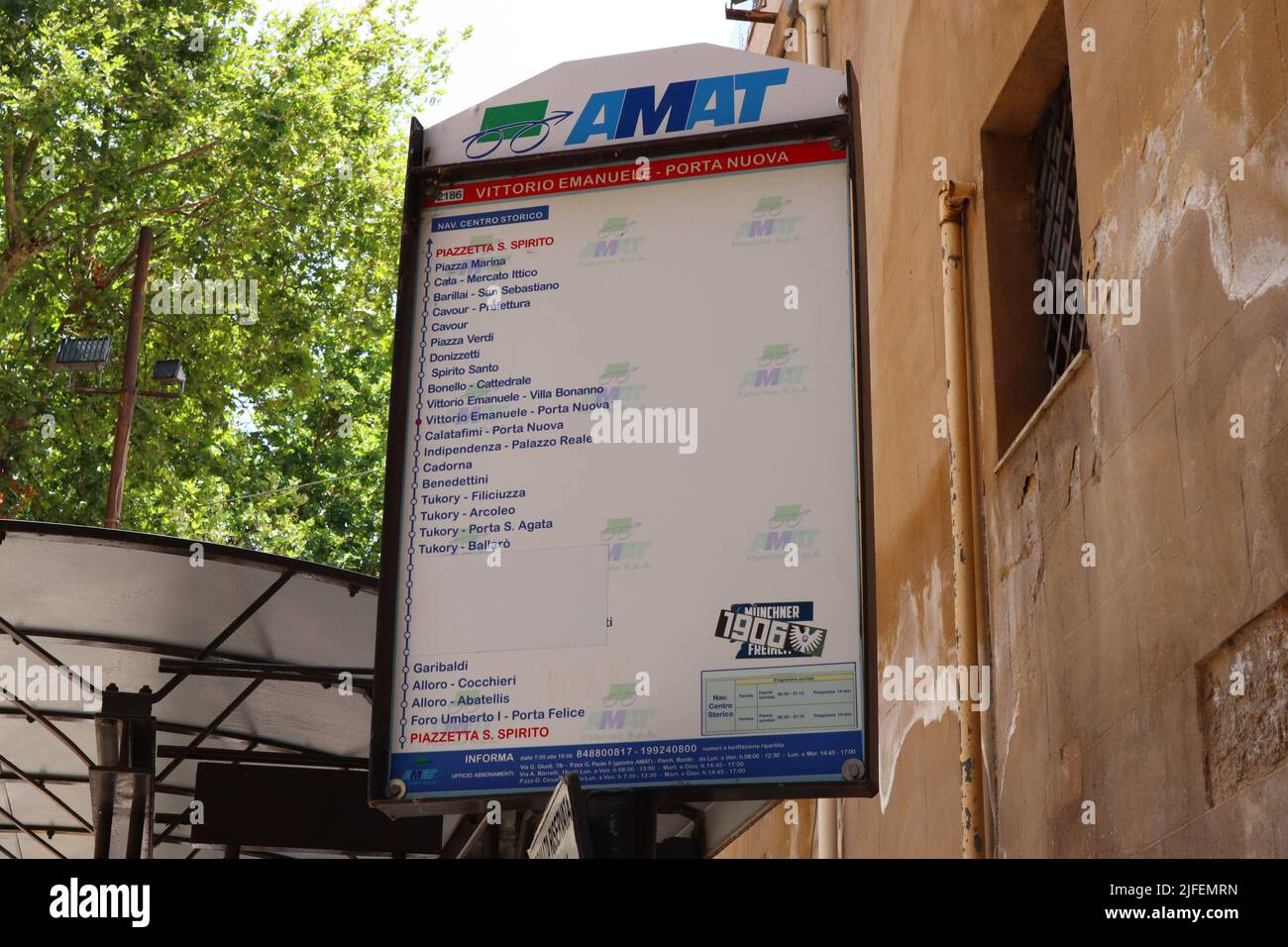 Palermo, Sicily (Italy): Bus Stop sign of AMAT in downtown of Palermo ...