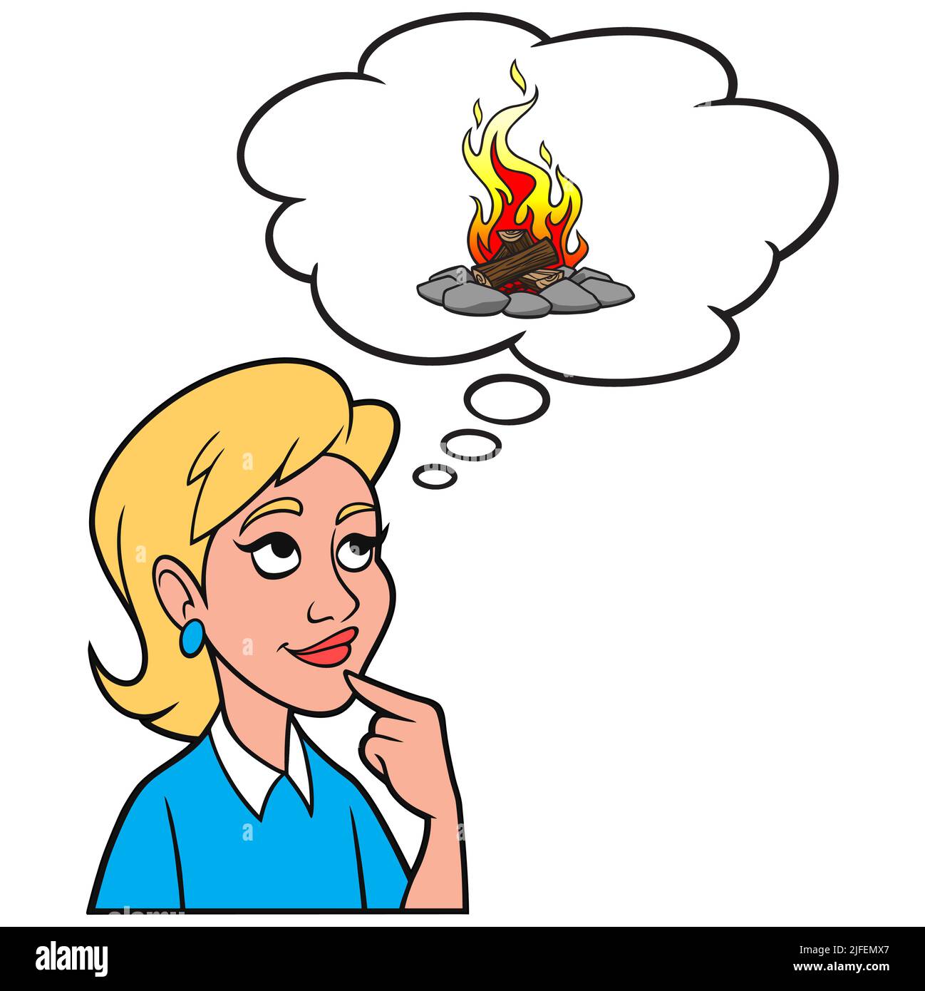 Girl thinking about a Campfire - A cartoon illustration of a Girl ...
