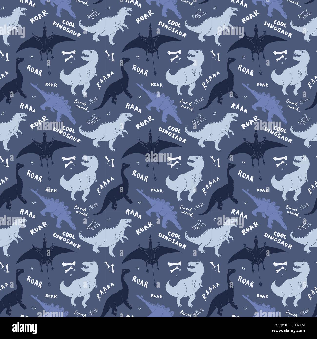 Dino Seamless Pattern, Cute Cartoon Dinosaurs Doodles Vector ...