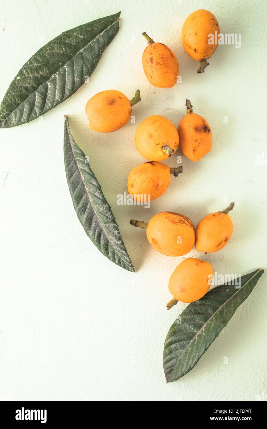 Ripe medlar fruit , Eriobotrya japonica, and green medlar leaves on ...