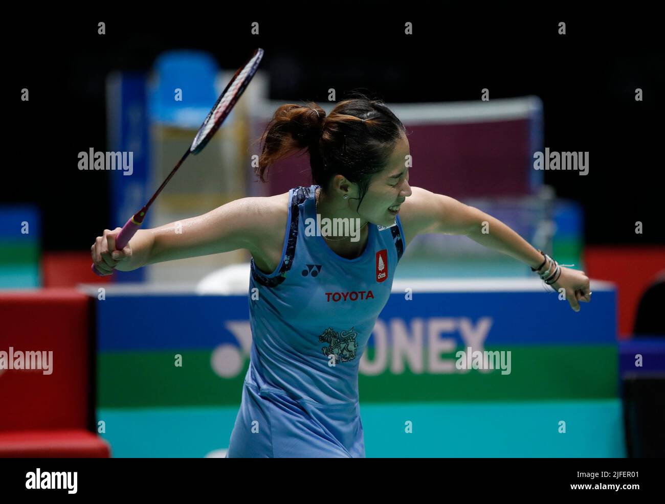 Ratchanok Intanon of Thailand celebrates after defeating Wang Chi Yi of ...