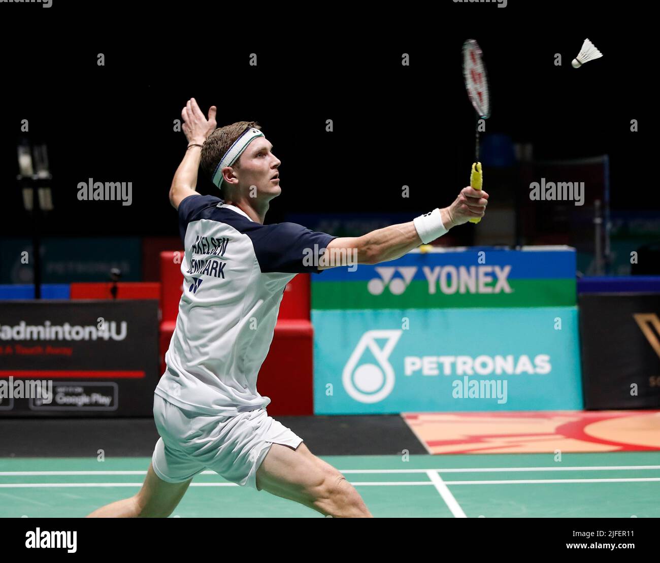 Viktor Axelsen of Denmark competes against Jonatan Christie of ...