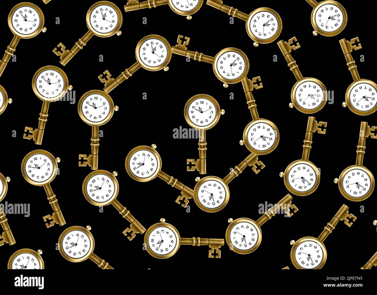 Spiral background made from key-shaped watches on black Stock Photo - Alamy