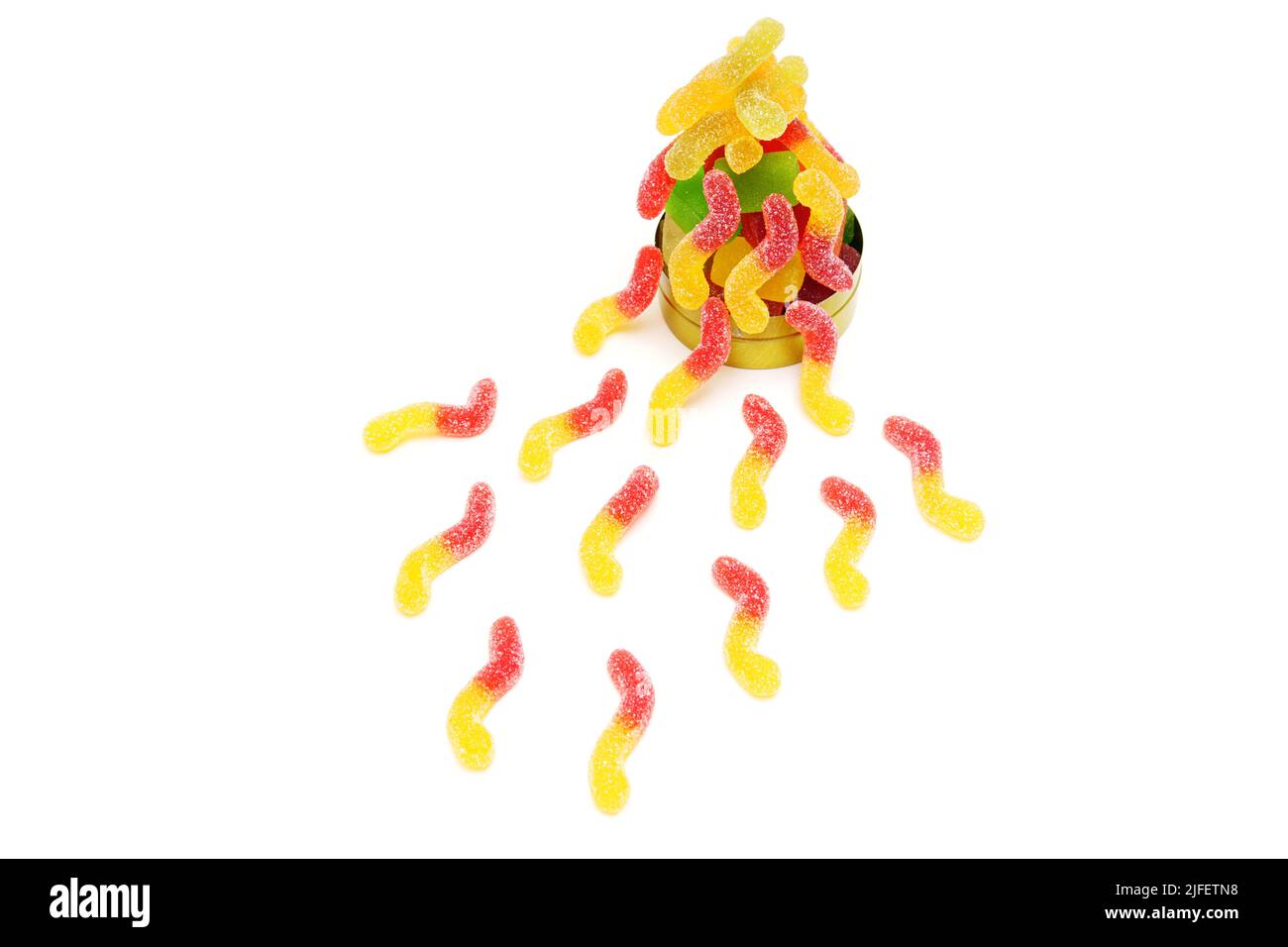 Small tin candy box full of colorful gummy worms isolated on white ...