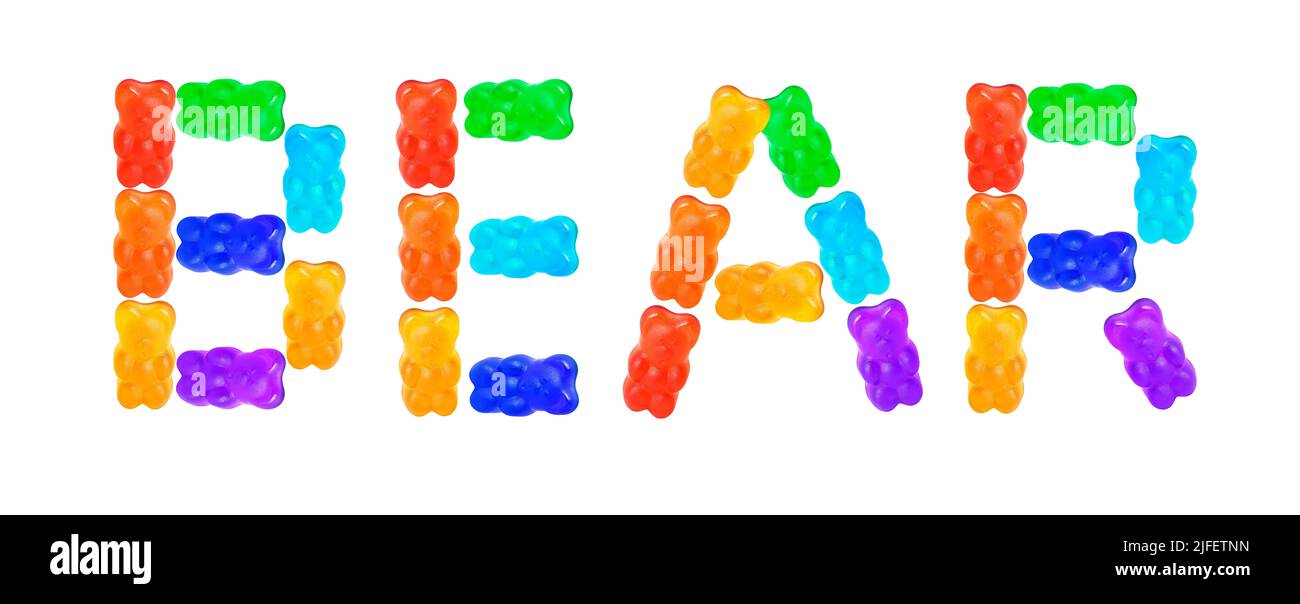 Word BEAR arranged from fruity colorful gummy bears isolated on white ...