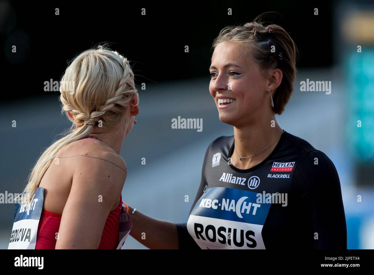 Czech Klara Seidlova and Belgian Rani Rosius pictured after the 100m race, at the 'KBC Nacht van ...