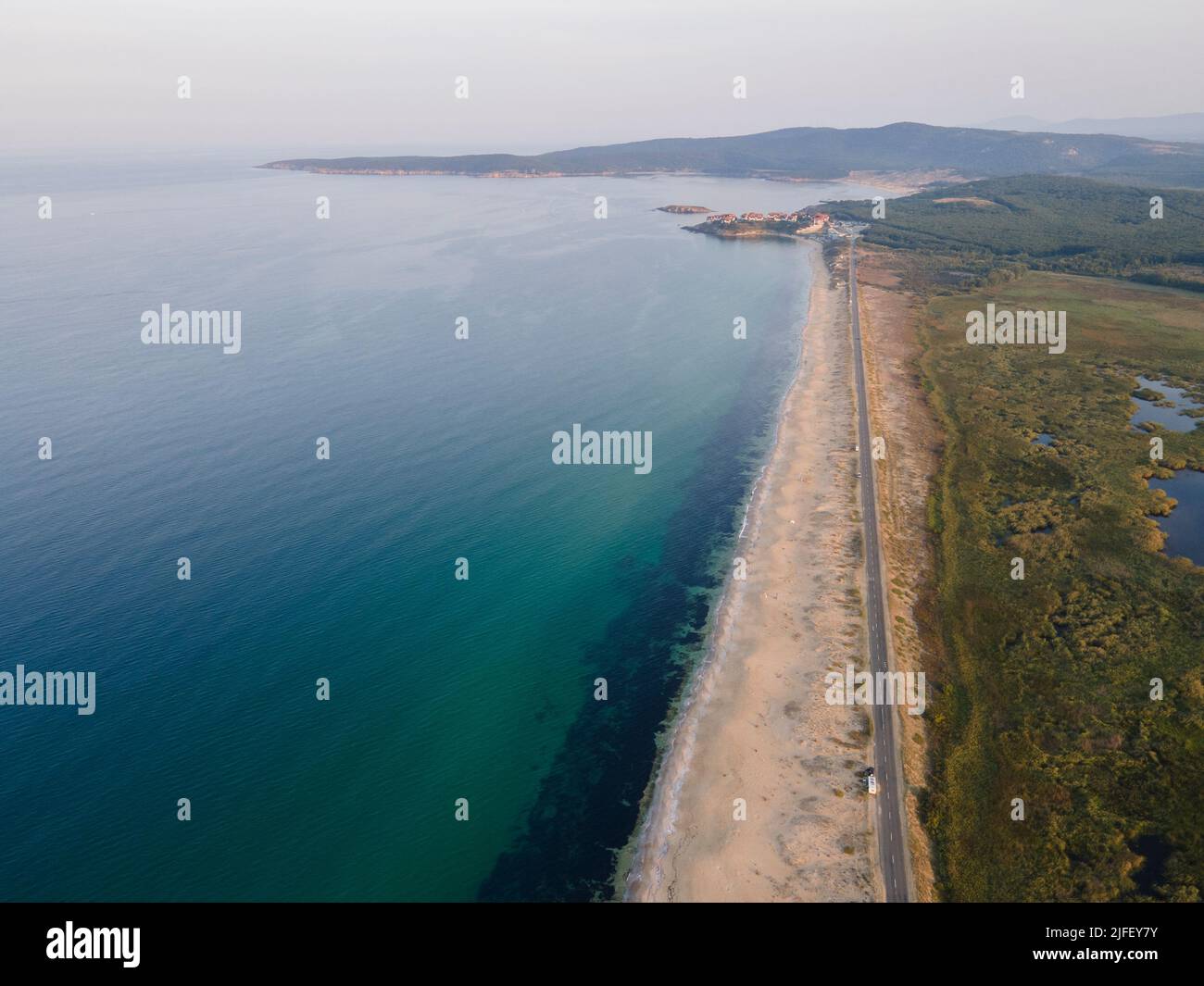 Aerial view of The Driver Beach (Alepu) near resort of Dyuni, Burgas ...