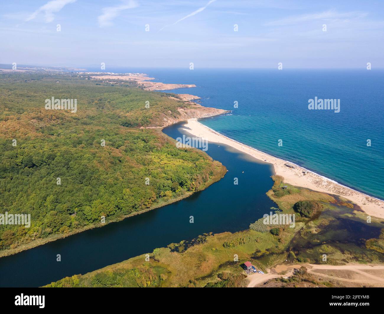 Aerial view of beach at the mouth of the Veleka River, Sinemorets ...
