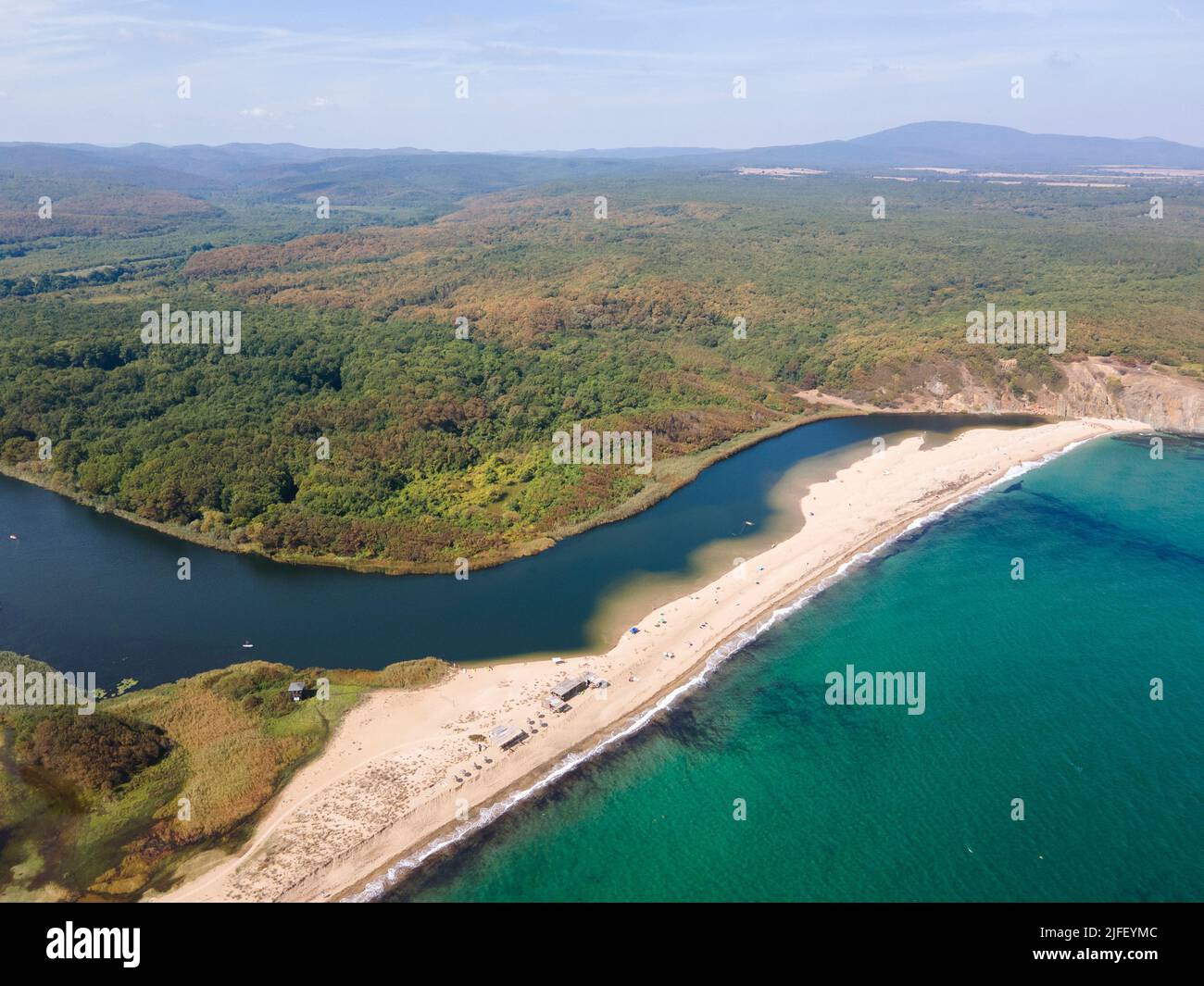 Aerial view of beach at the mouth of the Veleka River, Sinemorets ...