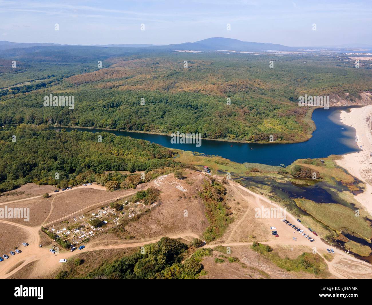 Aerial view of beach at the mouth of the Veleka River, Sinemorets ...