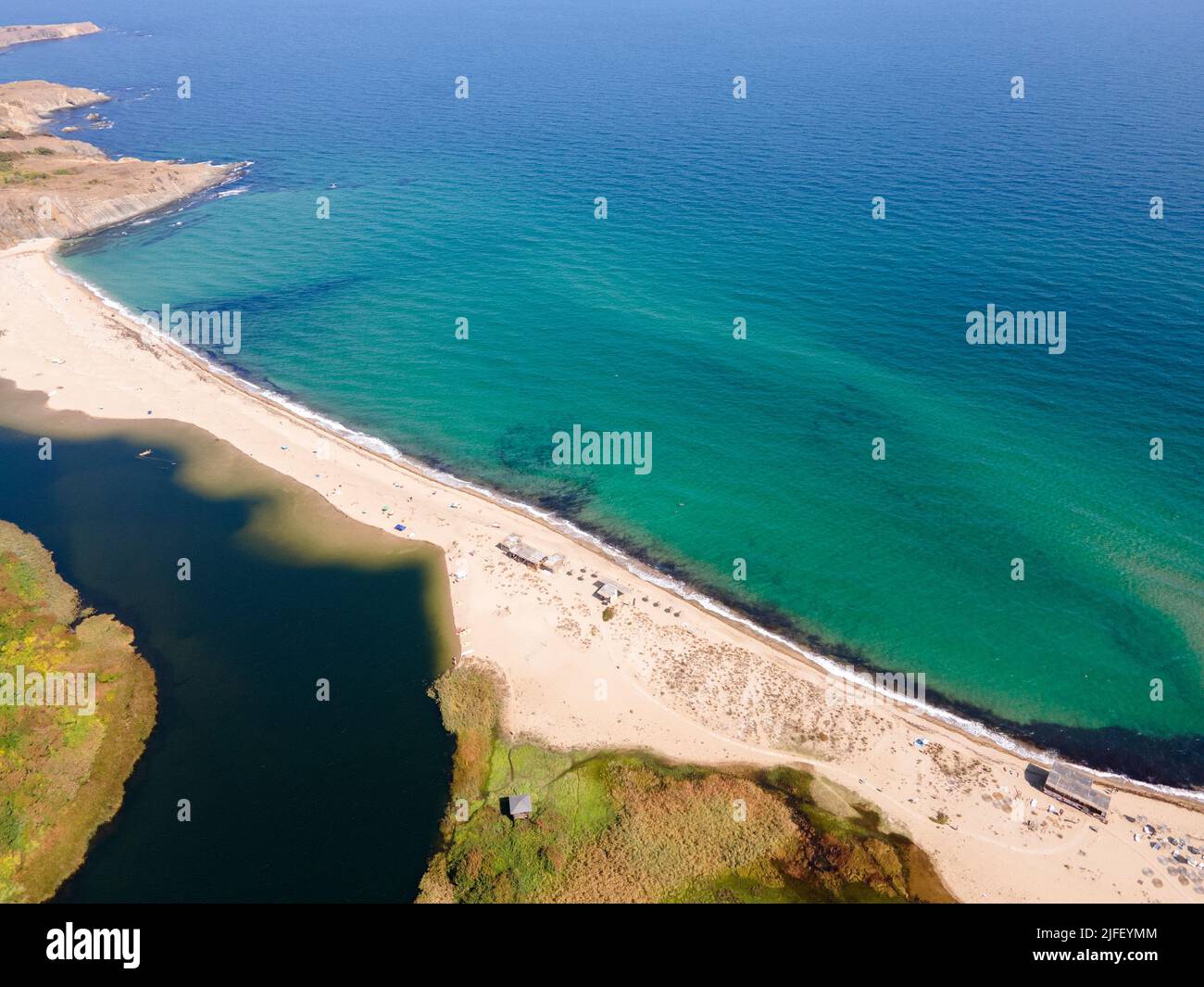 Aerial view of beach at the mouth of the Veleka River, Sinemorets ...