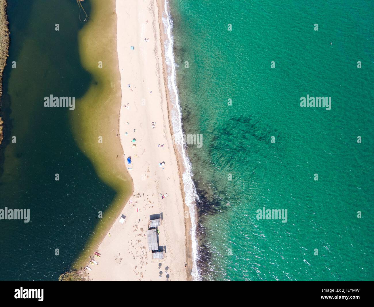 Aerial view of beach at the mouth of the Veleka River, Sinemorets ...