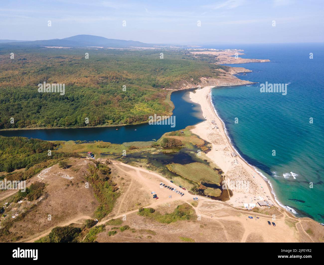 Aerial view of beach at the mouth of the Veleka River, Sinemorets ...