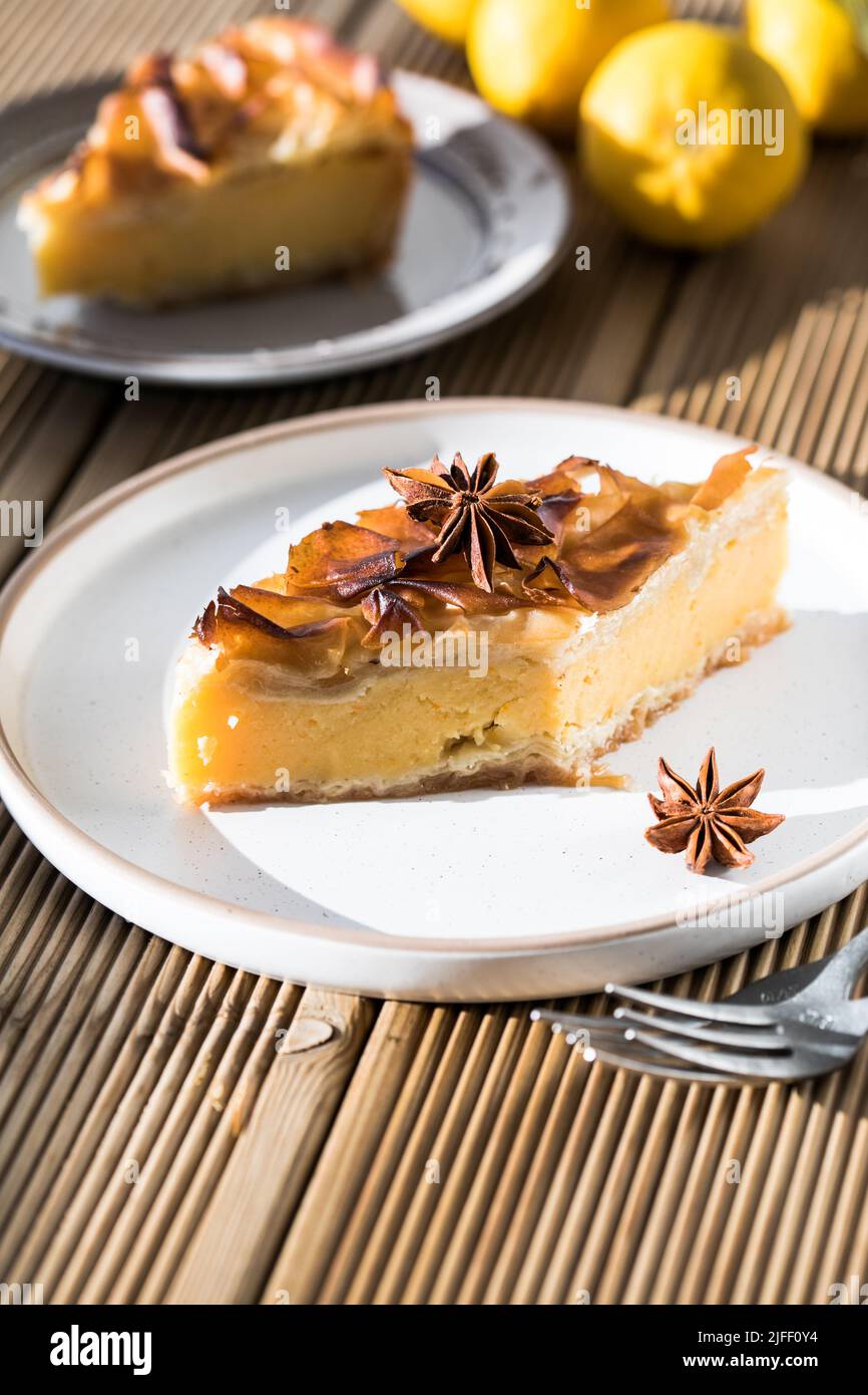 Custard of "Galaktoboureko" or bougatsa Greek traditional dessert baked ...