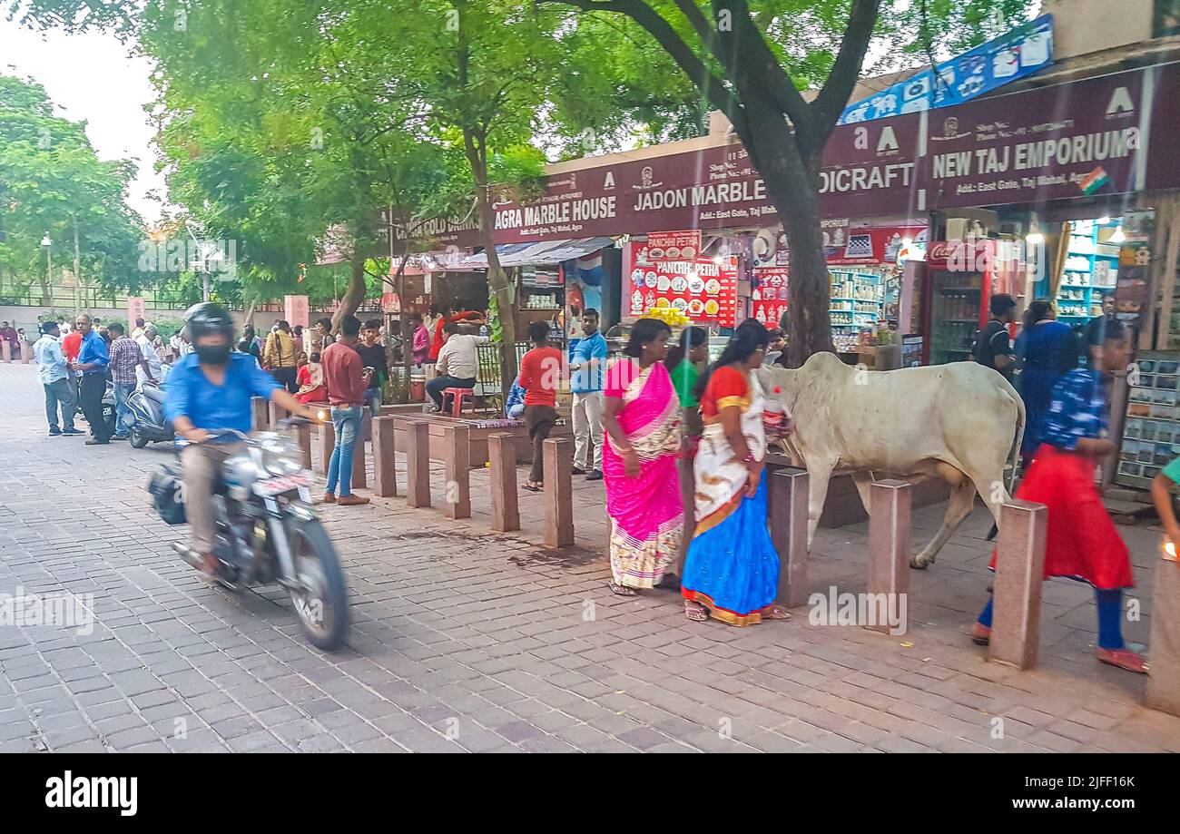 Agra India 10. May 2018 Busy colorful typical street road with people ...
