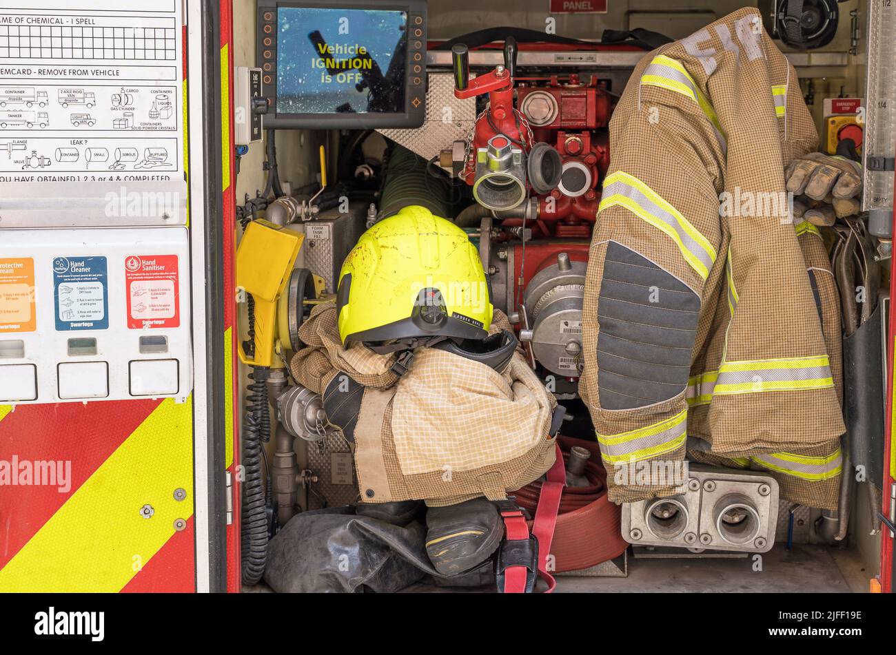 The equipment inside a London Fire Brigade fire engine. London Stock ...