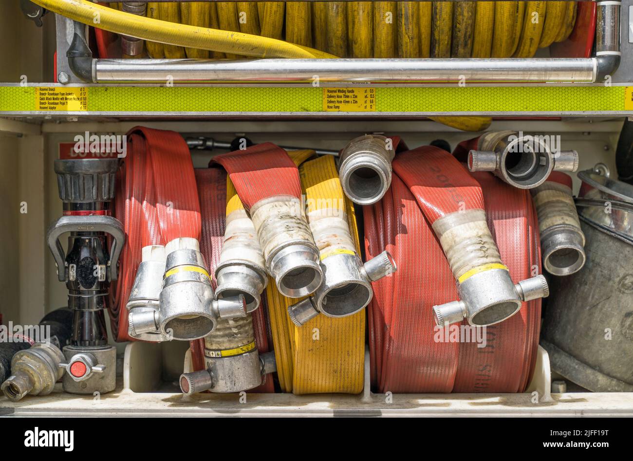 The equipment inside a London Fire Brigade fire engine. London Stock ...