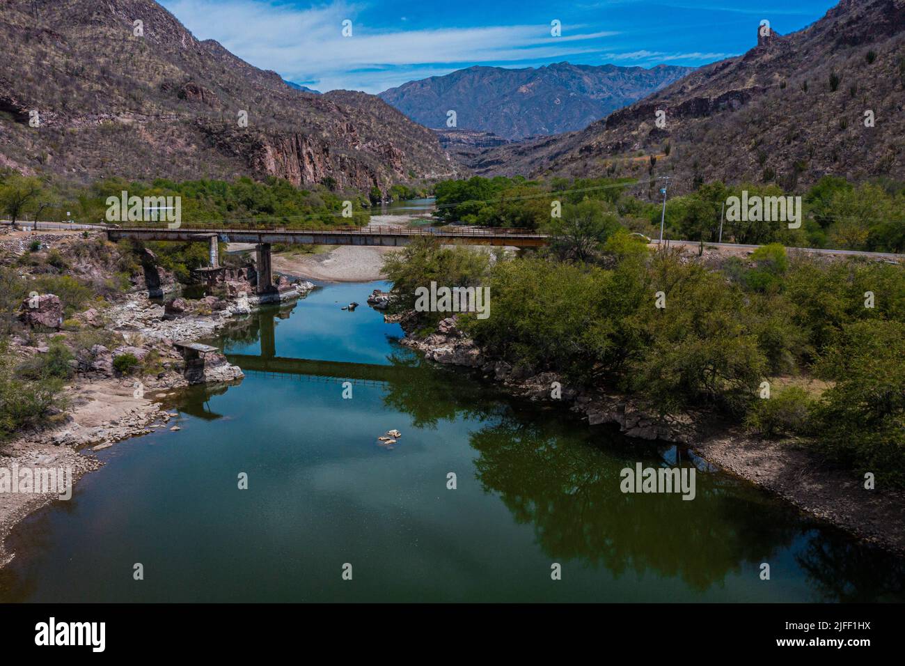 Aerial view of the bridge and the Yaqui River as it passes through the ...