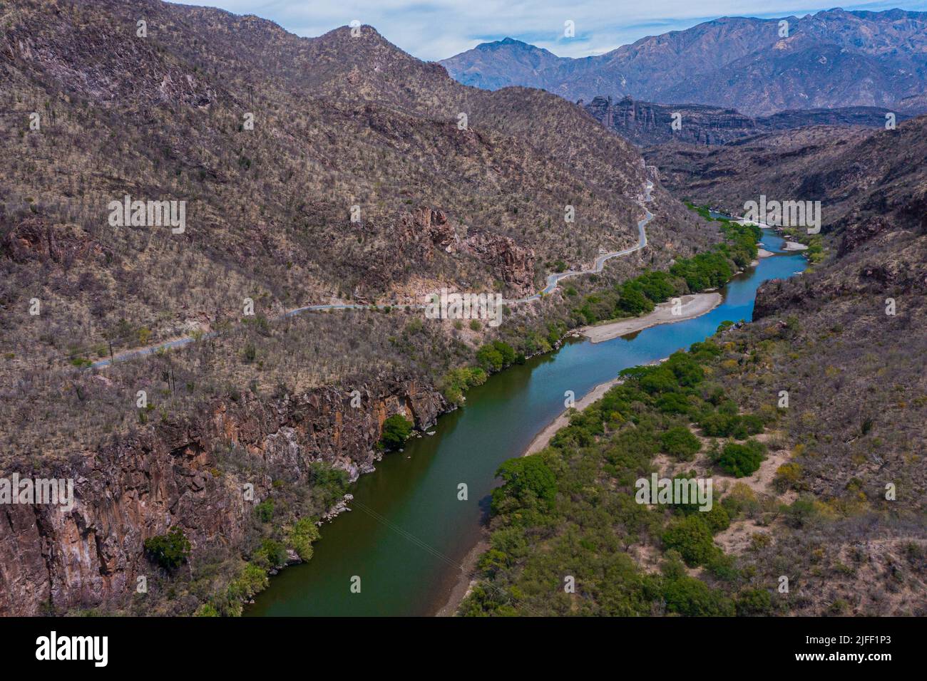 Aerial view of the Yaqui River as it passes through the town of El ...