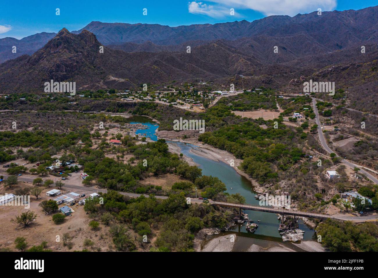 Aerial view of the bridge and the Yaqui River as it passes through the ...