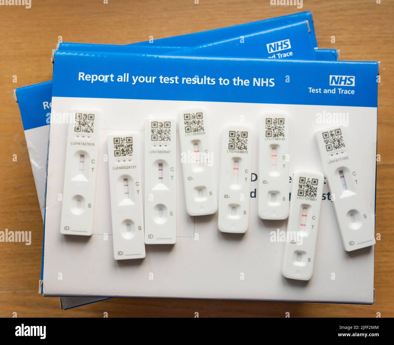 An array of Covid lateral flow tests showing positive results Stock ...