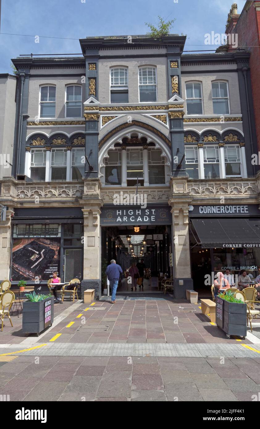 Entrance to High Street Arcade, Cardiff, June 2022. With people ...